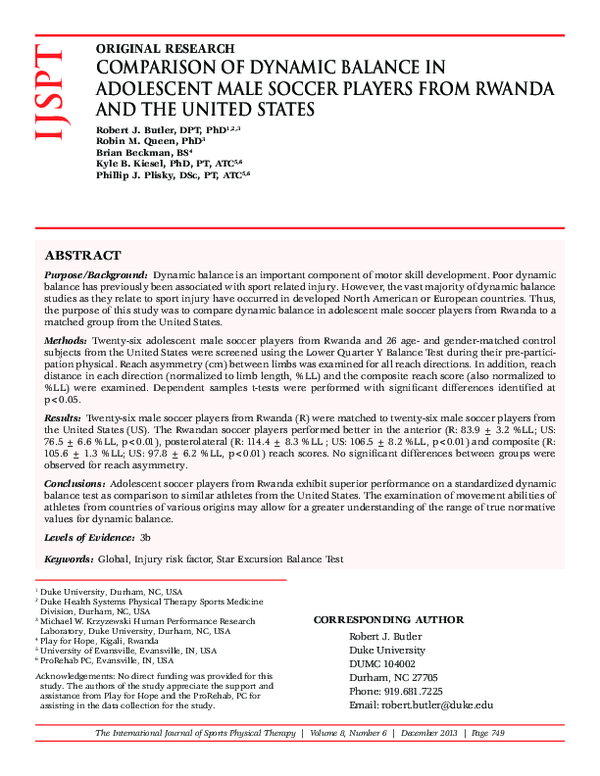 (PDF) Dynamic Balance in Rwandan vs US Adolescent Soccer Players