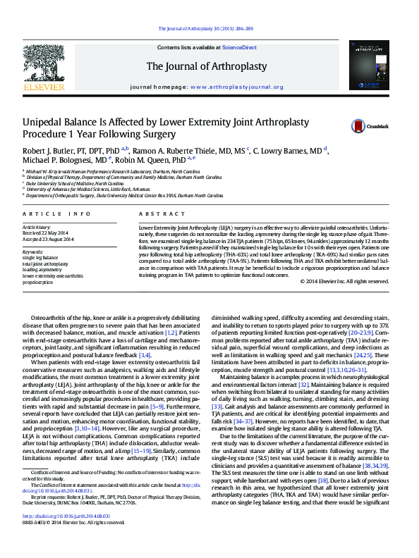 (PDF) Unipedal balance is affected by lower extremity joint ...