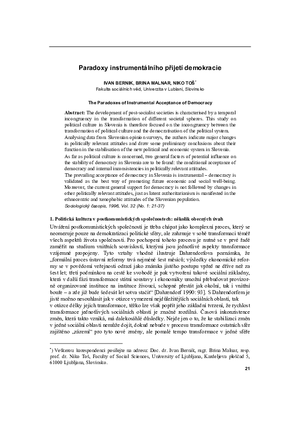 (PDF) The Paradoxes of Instrumental Acceptance of Democracy | Ivan Bernik - Academia.edu