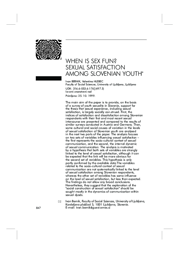 Pdf When Is Sex Fun Sexual Satisfaction Among Slovenian Youth
