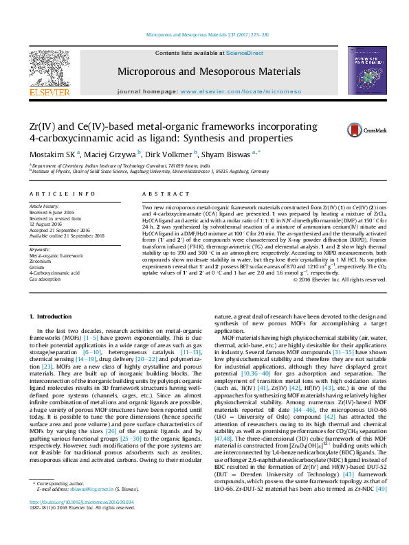 (PDF) Zr(IV) and Ce(IV)-based metal-organic frameworks incorporating 4 ...