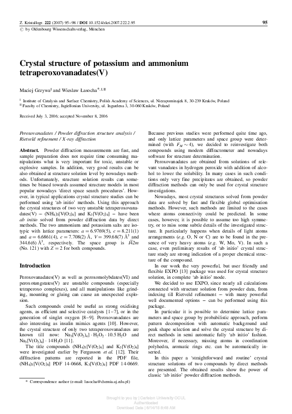 (PDF) Crystal structure of potassium and ammonium tetraperoxovanadates (V)