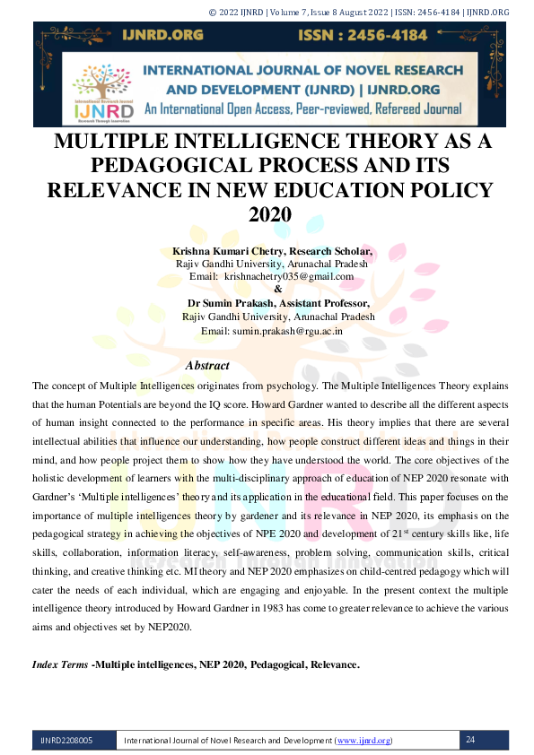 (PDF) MULTIPLE INTELLIGENCE THEORY AS A PEDAGOGICAL PROCESS AND ITS RELEVANCE IN NEW EDUCATION ...