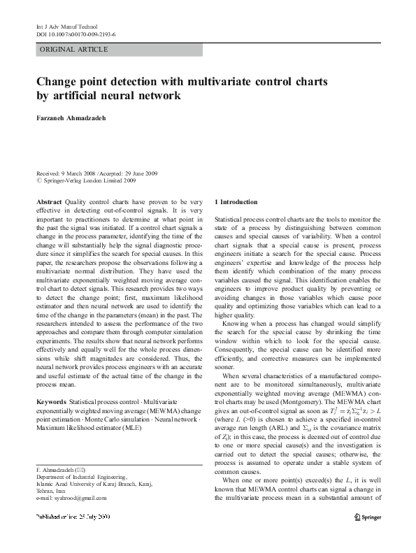 (PDF) Change point detection with multivariate control charts by artificial neural network ...
