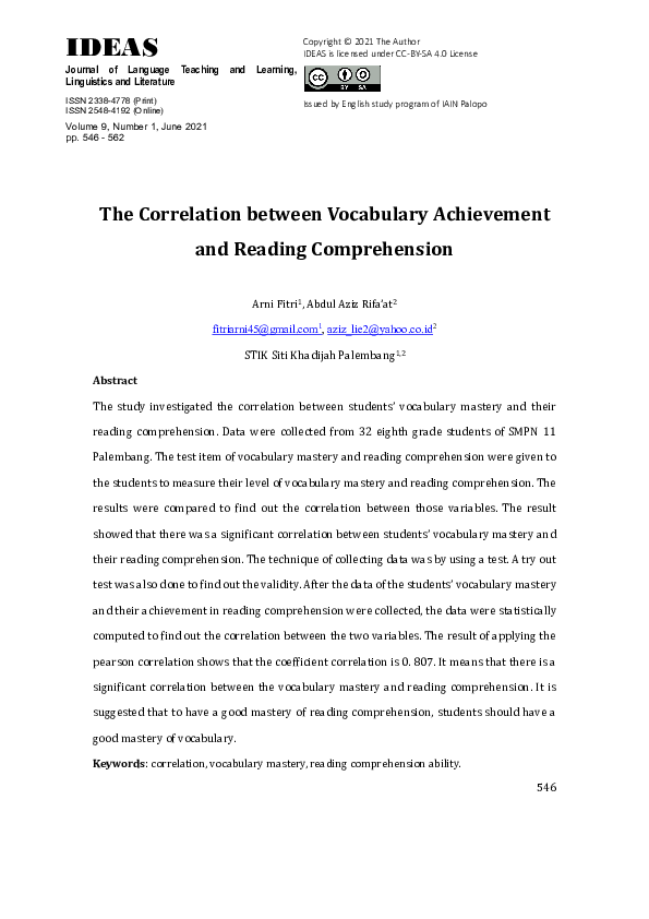 (PDF) The Correlation between Vocabulary Achievement and Reading Comprehension