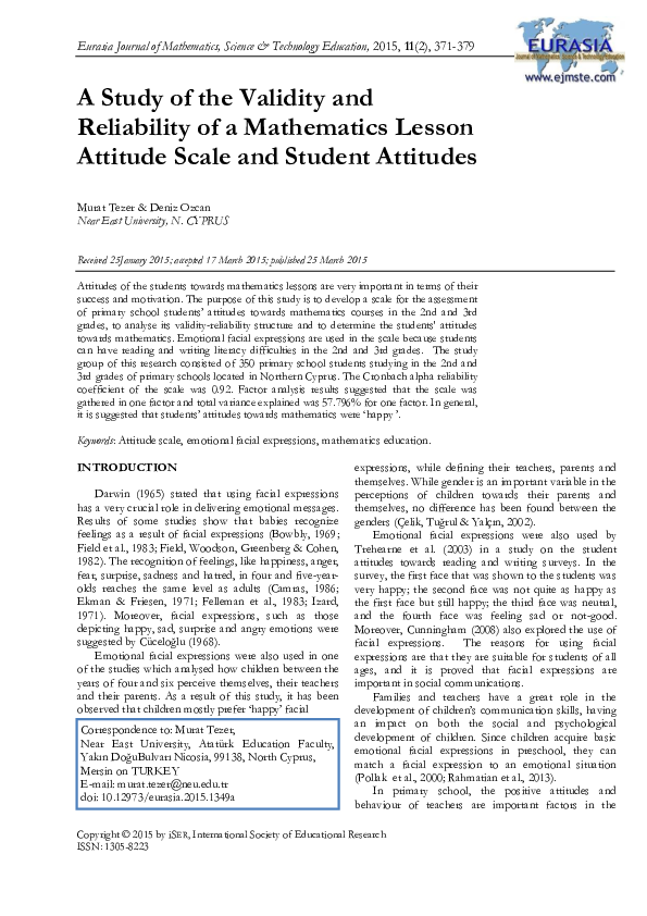 (PDF) A Study of the Validity and Reliability of a Mathematics Lesson Attitude Scale and Student ...