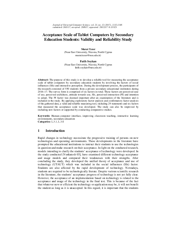 (PDF) Acceptance Scale of Tablet Computers by Secondary Education Students: Validity and ...