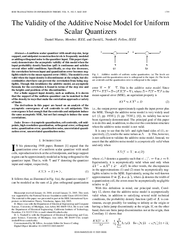 Pdf The Validity Of The Additive Noise Model For Uniform Scalar Quantizers