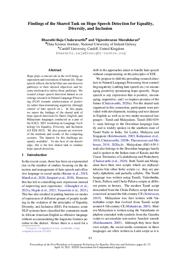 Pdf Findings Of The Shared Task On Hope Speech Detection For Equality