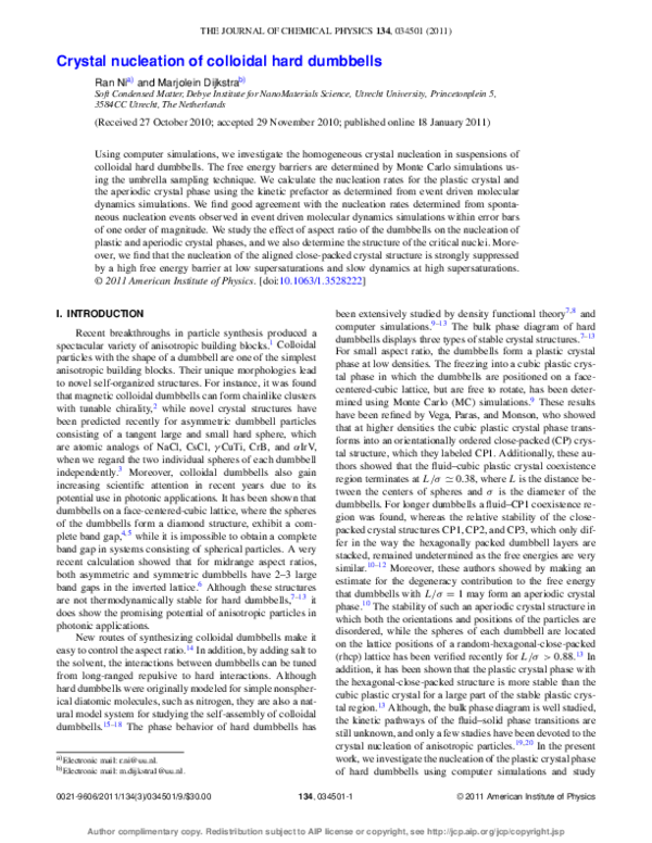 (PDF) Crystal nucleation of colloidal hard dumbbells