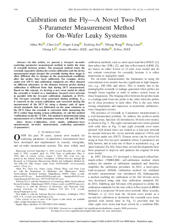 Pdf Calibration On The Fly A Novel Two Port S Parameter Measurement Method For On Wafer Leaky