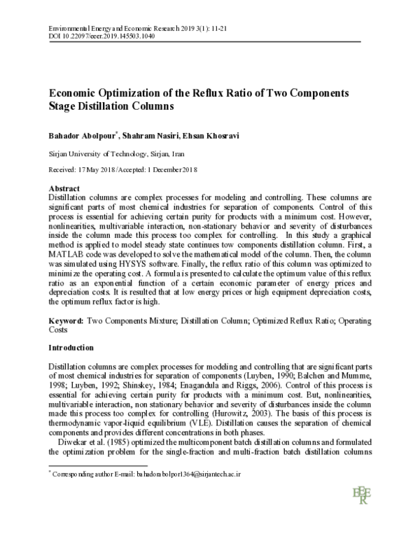 Pdf Economic Optimization Of The Reflux Ratio Of Two Components Stage