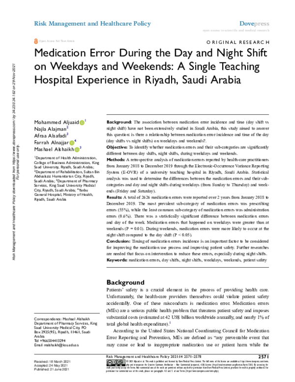 (PDF) Medication Error During the Day and Night Shift on Weekdays and ...