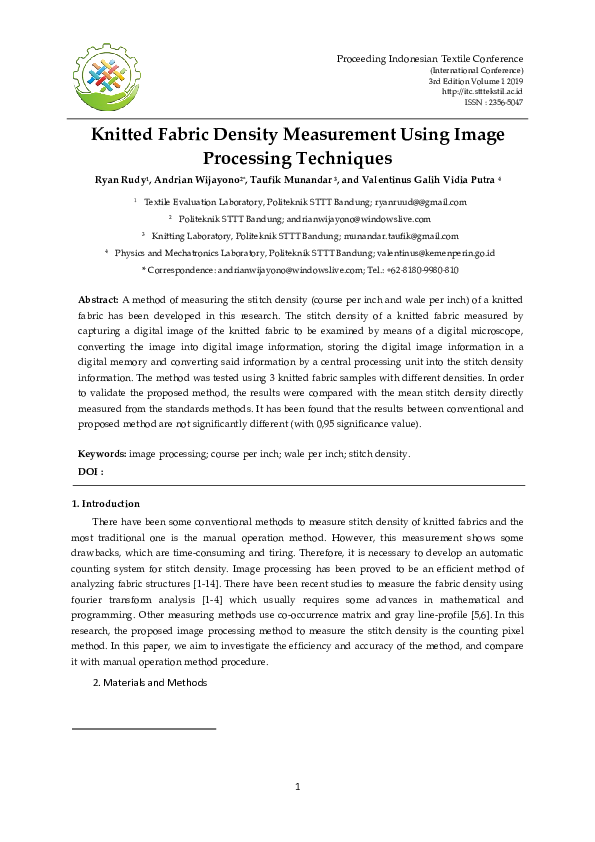 (PDF) Knitted Fabric Density Measurement Using Image Processing Techniques