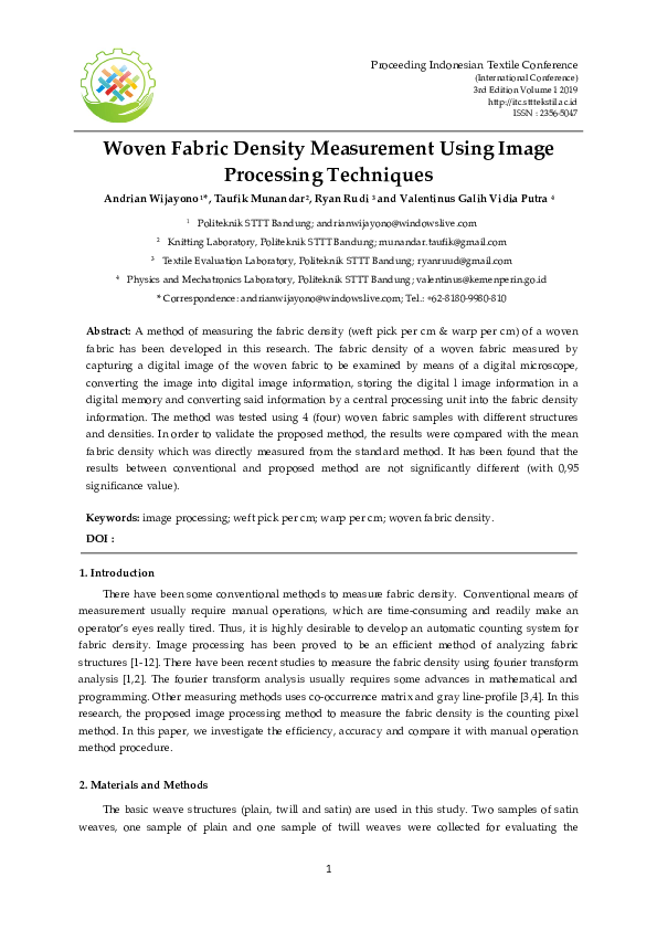 (PDF) Woven Fabric Density Measurement Using Image Processing Techniques