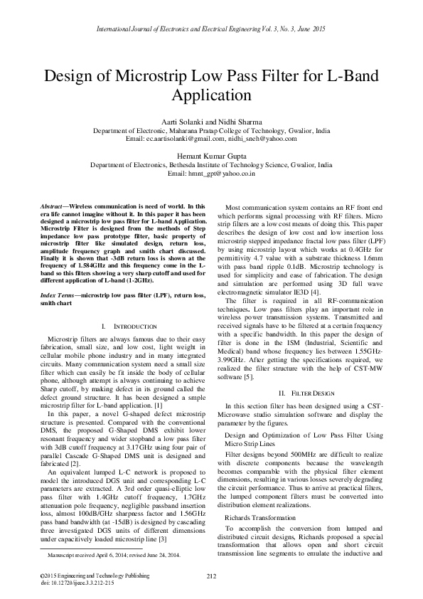 (PDF) Design of Microstrip Low Pass Filter for L-Band Application | Hemant Kumar Gupta ...