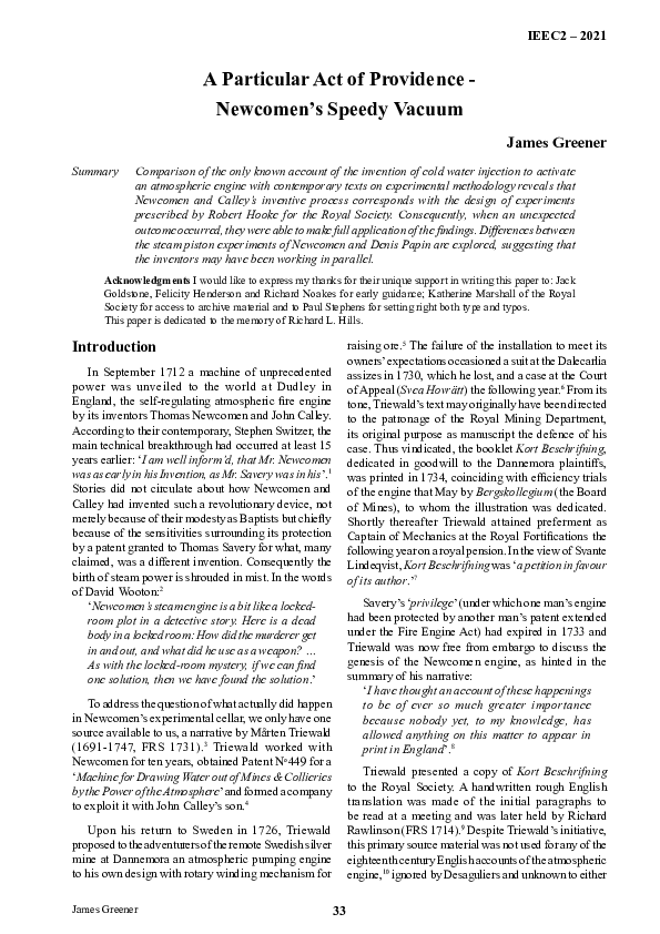(PDF) A Particular Act of Providence: Newcomen’s Speedy Vacuum | James ...