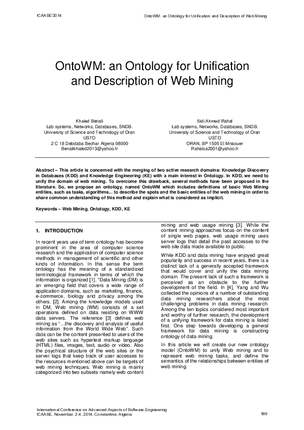 (PDF) OntoWM: An Ontology for Unification and Description of Web Mining | Khaled Benali ...
