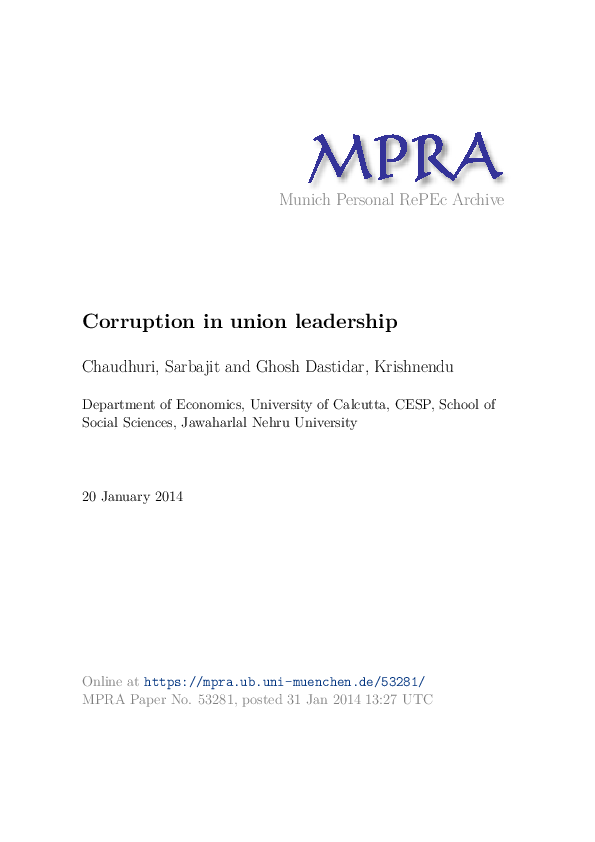 (PDF) Corruption in union leadership | KRISHNENDU GHOSH DASTIDAR ...