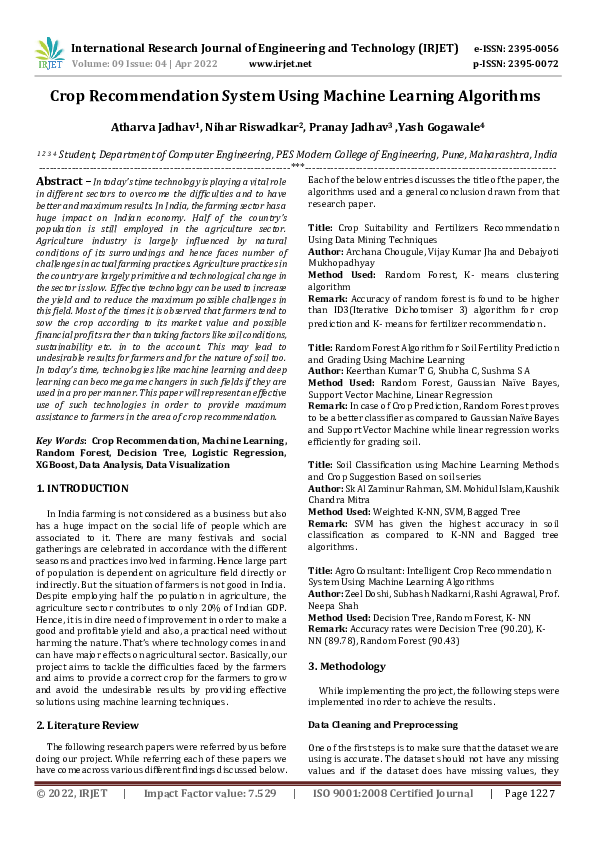 (PDF) Crop Recommendation System Using Machine Learning Algorithms | IRJET Journal - Academia.edu