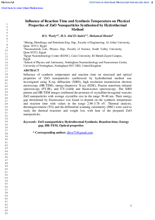 (PDF) Influence of reaction time and synthesis temperature on the physical properties of ZnO ...