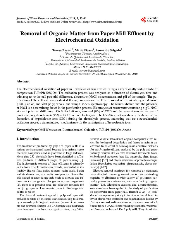 (PDF) Removal of Organic Matter from Paper Mill Effluent by ...