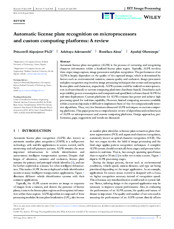 Pdf Automatic License Plate Recognition On Microprocessors And Custom