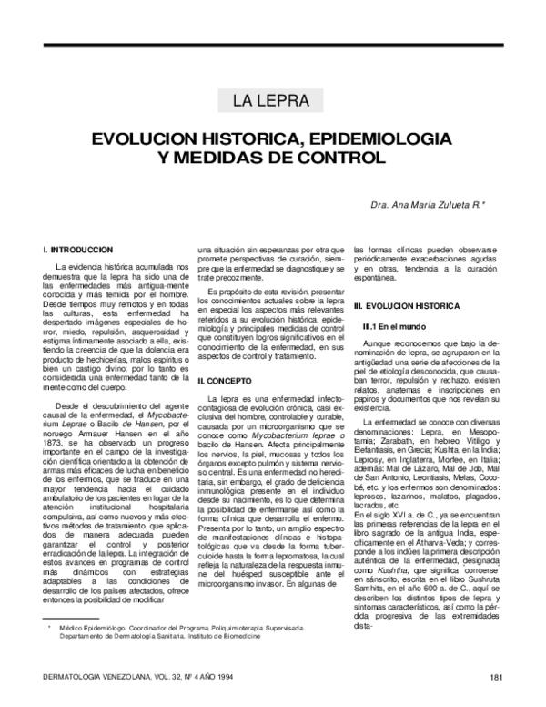 (PDF) La Lepra: Evolucion Historica, Epidemiologia y Medidas De Control