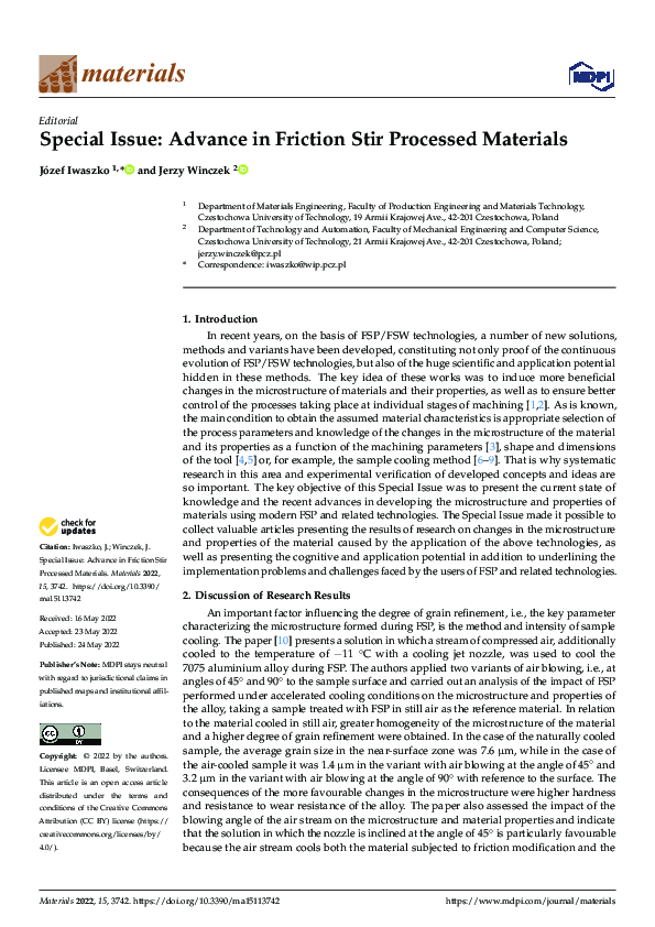 (PDF) Special Issue: Advance in Friction Stir Processed Materials
