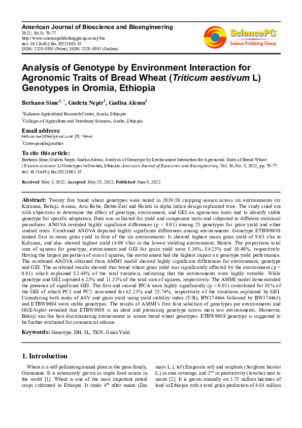 (PDF) Analysis of Genotype by Environment Interaction for Agronomic Traits of Bread Wheat ...