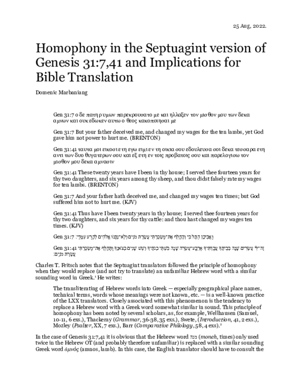 (PDF) Homophony in the Septuagint version of Genesis 31:7,41 and ...