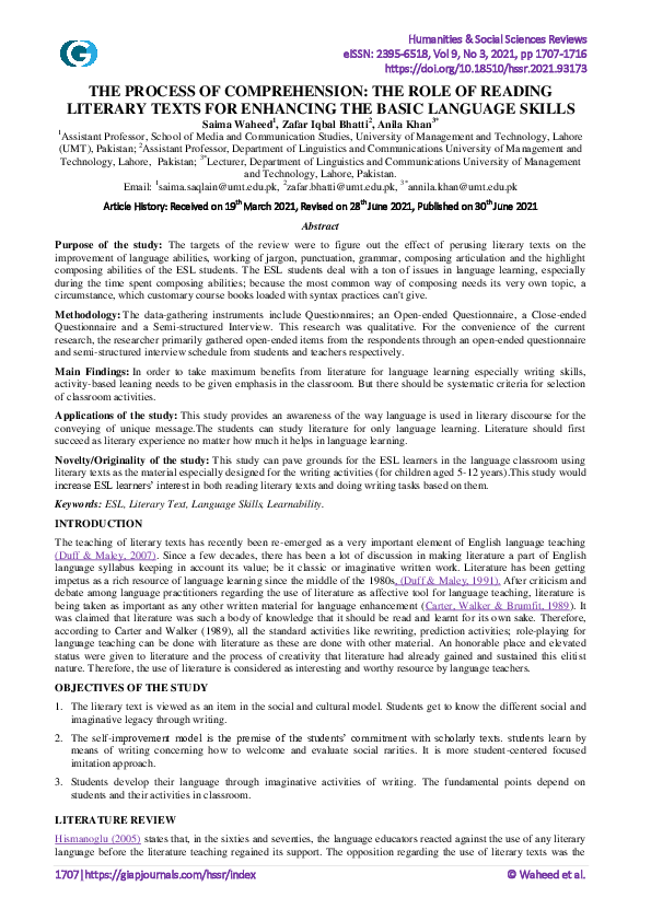 (PDF) The Process of Comprehension: The Role of Reading Literary Texts for Enhancing the Basic ...