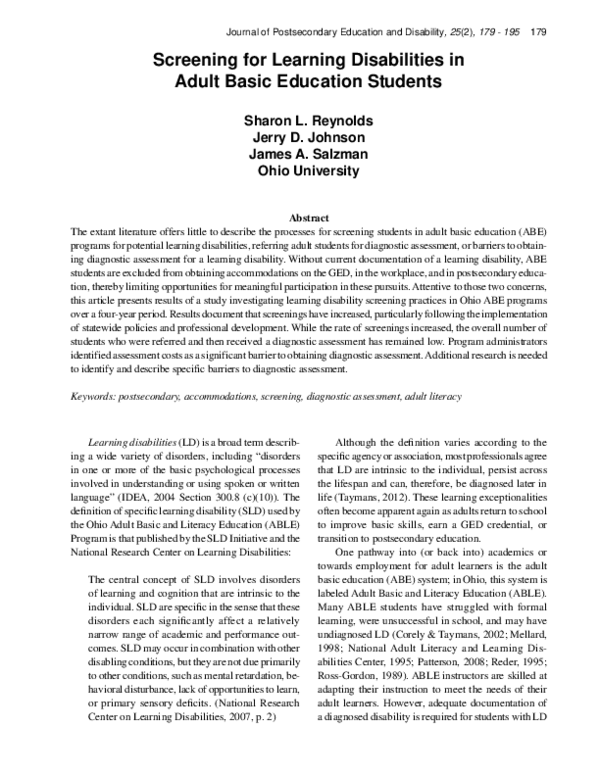 (PDF) Screening for Learning Disabilities in Adult Basic Education Students