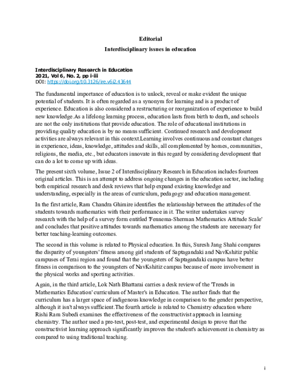Pdf Interdisciplinary Issues In Education