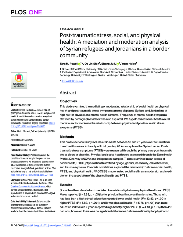 (PDF) Post-traumatic stress, social, and physical health: A mediation and moderation analysis of ...
