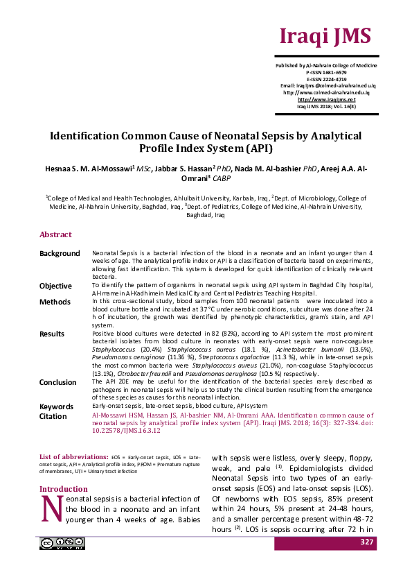 (PDF) Identification Common Cause of Neonatal Sepsis by Analytical Profile Index System (Api)