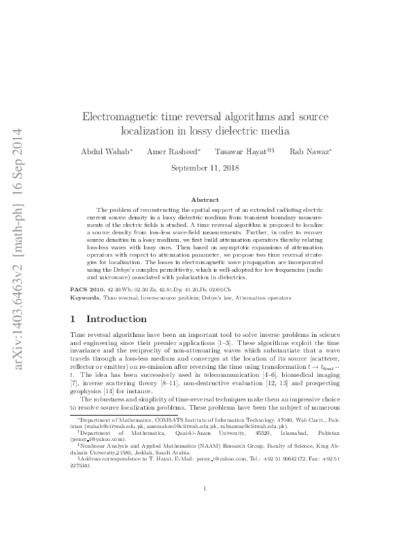 (PDF) Electromagnetic Time Reversal Algorithms and Source Localization ...