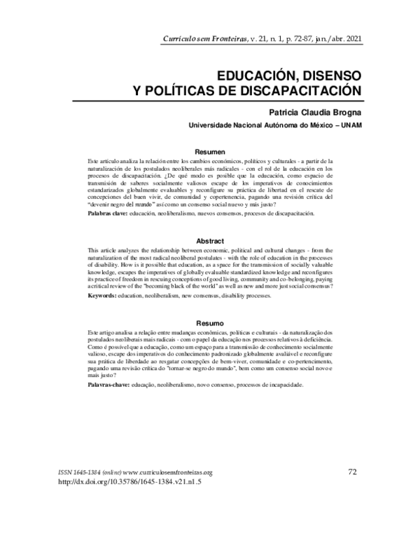 (PDF) Educación, Disenso y Políticas de Discapacitación