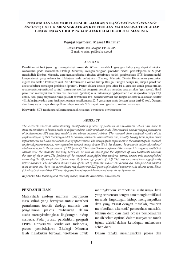 (PDF) Pengembangan Model Pembelajaran STS (Science-Technology Society) Untuk Meningkatkan ...