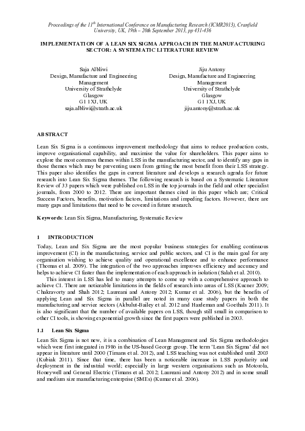(PDF) Implementation of a Lean Six Sigma Approach in the Manufacturing Sector: A Systematic ...