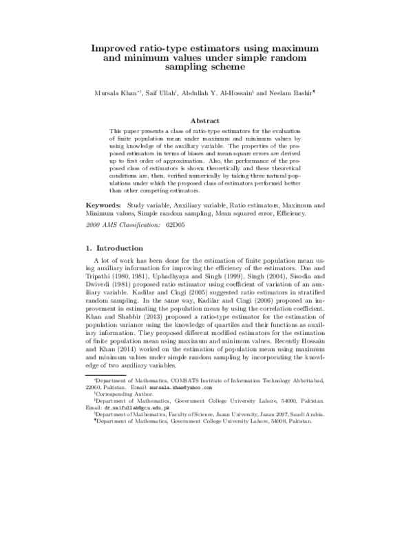 Pdf Improved Ratio Type Estimators Using Maximum And Minimum Values Under Simple Random