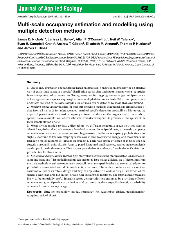 Pdf Multi Scale Occupancy Estimation And Modelling Using Multiple