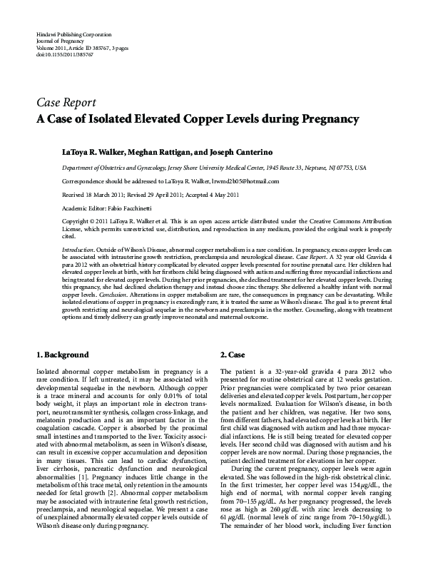 (PDF) A Case of Isolated Elevated Copper Levels during Pregnancy