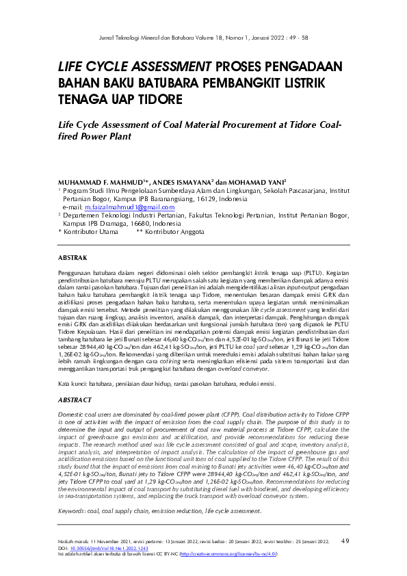 (PDF) LIFE CYCLE ASSESSMENT PROSES PENGADAAN BAHAN BAKU BATUBARA PEMBANGKIT LISTRIK TENAGA UAP ...