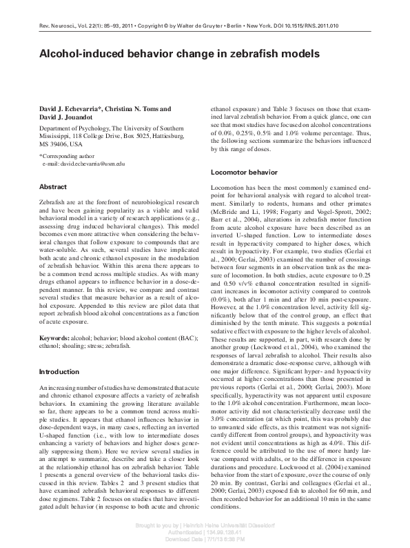 (PDF) Alcohol-induced behavior change in zebrafish models