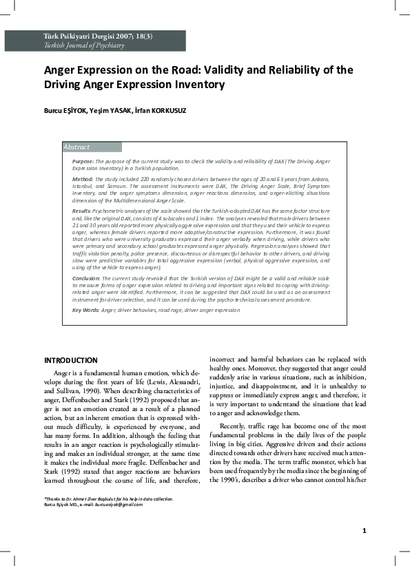 (PDF) [Anger expression on the road: validity and reliability of the driving anger expression ...