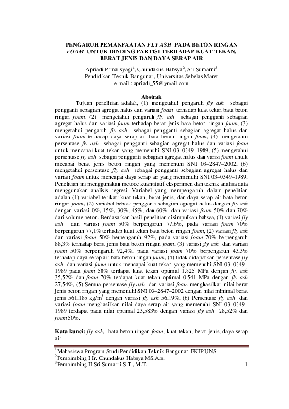 (PDF) Pengaruh Pemanfaatan Fly Ash Pada Beton Ringan Foam Untuk Dinding Partisi Terhadap Kuat ...