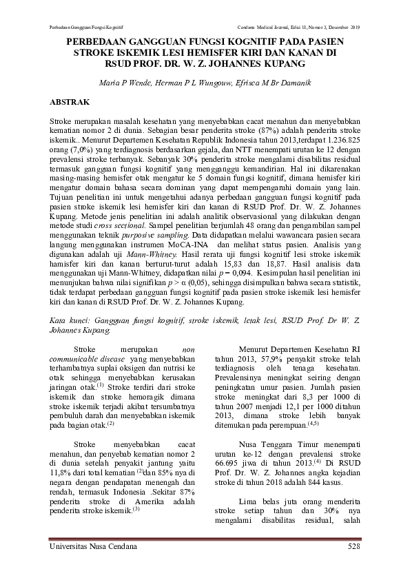 Pdf Perbedaan Gangguan Fungsi Kognitif Pada Pasien Stroke Iskemik Lesi Hemisfer Kiri Dan Kanan