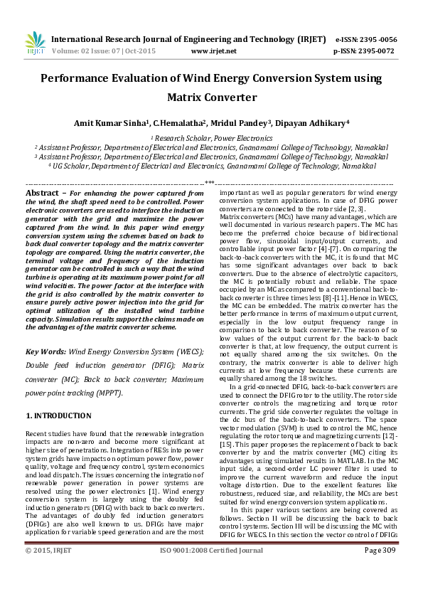 (PDF) Performance Evaluation of Wind Energy Conversion System using Matrix Converter