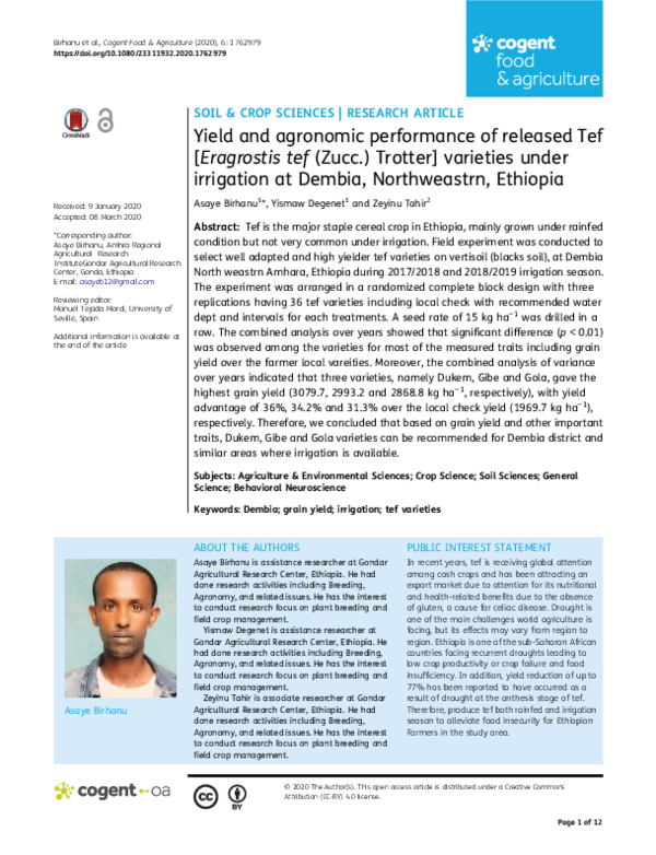 (PDF) Yield and agronomic performance of released Tef [Eragrostis tef (Zucc.) Trotter] varieties ...